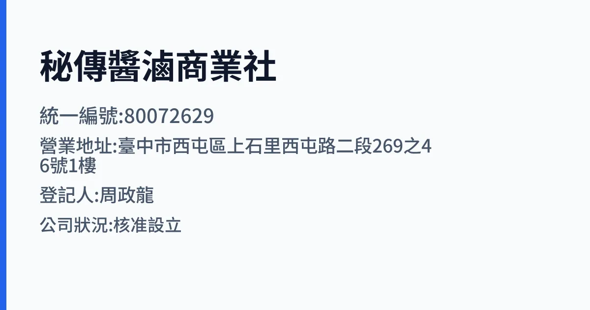 秘傳醬滷商業社 - 統編 80072629(臺中市) 公司登記資料與營業項目詳細圖表