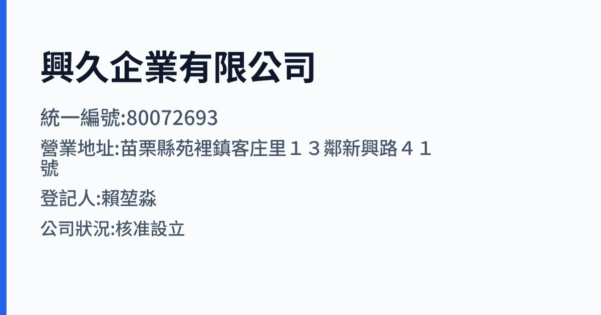 興久企業有限公司 - 統編 80072693(苗栗縣) 公司登記資料與營業項目詳細圖表
