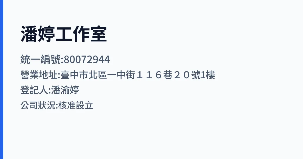 潘婷工作室 - 統編 80072944(臺中市) 公司登記資料與營業項目詳細圖表