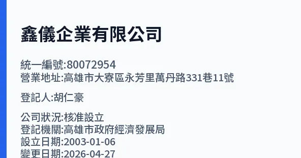鑫儀企業有限公司的照片-統編 80072954(高雄市) 公司登記資料與營業項目詳細圖表