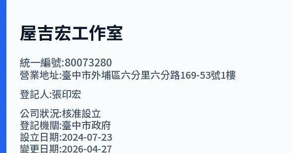 屋吉宏工作室的照片-統編 80073280(臺中市) 公司登記資料與營業項目詳細圖表
