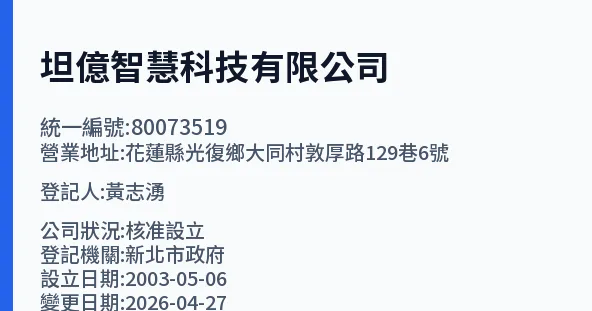 坦億智慧科技有限公司的照片-統編 80073519(花蓮縣) 公司登記資料與營業項目詳細圖表