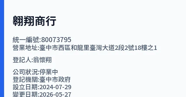 翱翔商行的照片-統編 80073795(臺中市) 公司登記資料與營業項目詳細圖表