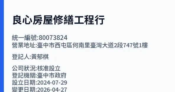 良心房屋修繕工程行的照片-統編 80073824(臺中市) 公司登記資料與營業項目詳細圖表
