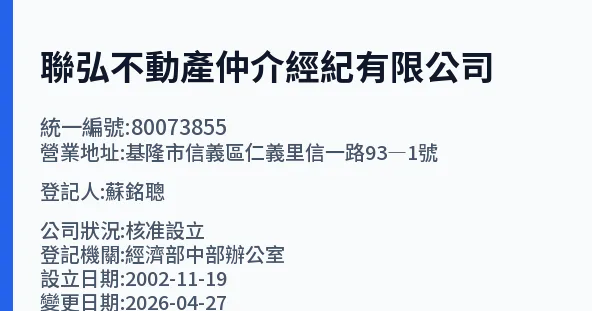 聯弘不動產仲介經紀有限公司的照片-統編 80073855(基隆市) 公司登記資料與營業項目詳細圖表
