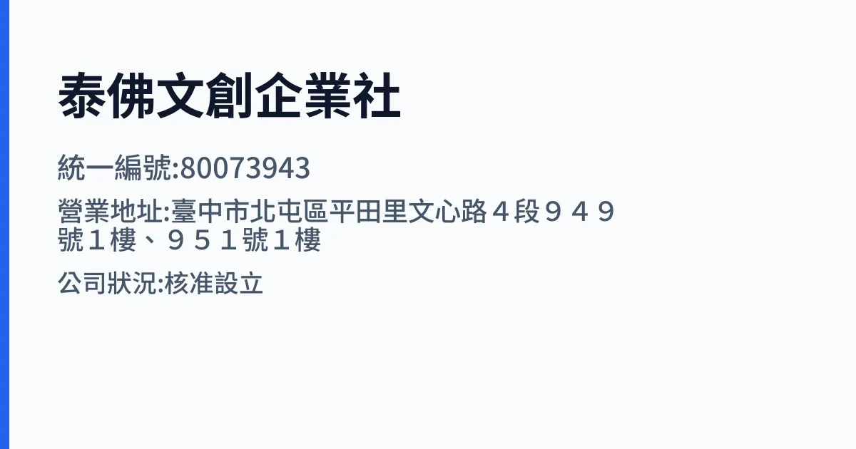 泰佛文創企業社 - 統編 80073943(臺中市) 公司登記資料與營業項目詳細圖表