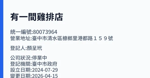 有一間雞排店的照片-統編 80073964(臺中市) 公司登記資料與營業項目詳細圖表