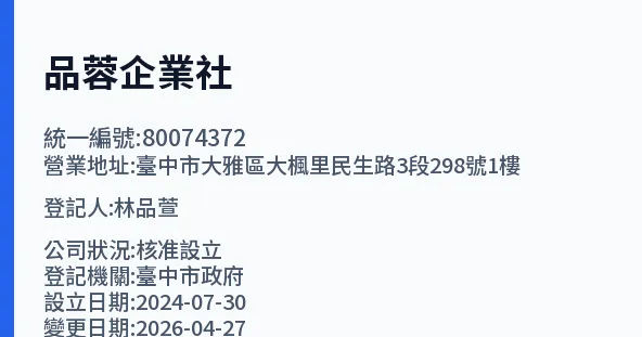 品蓉企業社的照片-統編 80074372(臺中市) 公司登記資料與營業項目詳細圖表