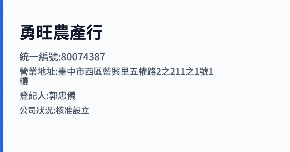勇旺農產行 - 統編 80074387（臺中市） 公司登記資料與營業項目詳細圖表