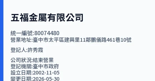 五福金屬有限公司的照片-統編 80074480(臺中市) 公司登記資料與營業項目詳細圖表