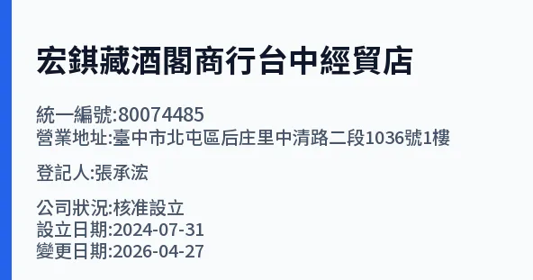 宏錤藏酒閣商行台中經貿店的照片-統編 80074485(臺中市) 公司登記資料與營業項目詳細圖表