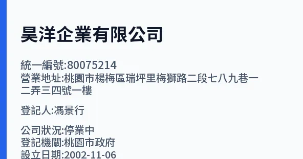 昊洋企業有限公司的照片-統編 80075214(桃園市) 公司登記資料與營業項目詳細圖表