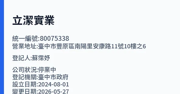 立潔實業的照片-統編 80075338(臺中市) 公司登記資料與營業項目詳細圖表