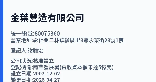 金葉營造有限公司的照片-統編 80075360(彰化縣) 公司登記資料與營業項目詳細圖表