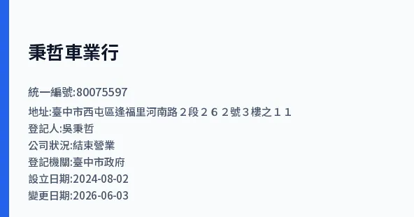 秉哲車業行的照片-統編 80075597(臺中市) 公司登記資料與營業項目詳細圖表