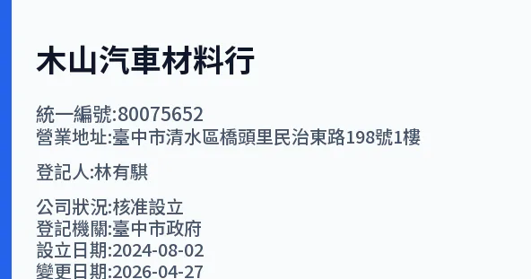 木山汽車材料行的照片-統編 80075652(臺中市) 公司登記資料與營業項目詳細圖表