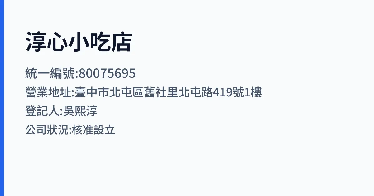 淳心小吃店 - 統編 80075695(臺中市) 公司登記資料與營業項目詳細圖表