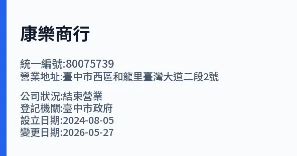 康樂商行的照片-統編 80075739(臺中市) 公司登記資料與營業項目詳細圖表