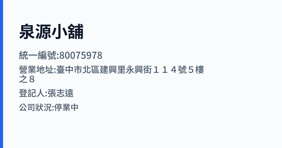 泉源小舖 - 統編 80075978(臺中市) 公司登記資料與營業項目詳細圖表