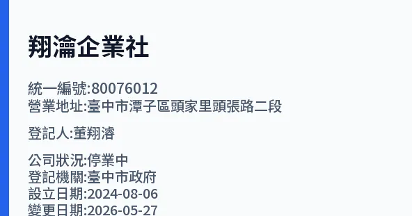 翔瀹企業社的照片-統編 80076012(臺中市) 公司登記資料與營業項目詳細圖表