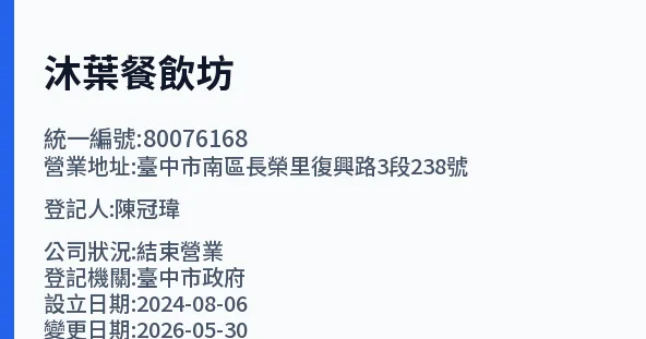 沐葉餐飲坊的照片-統編 80076168(臺中市) 公司登記資料與營業項目詳細圖表