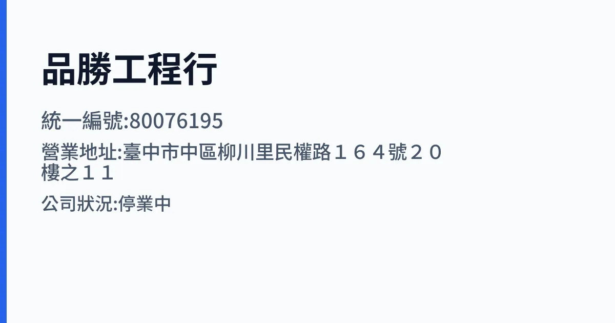 品勝工程行 - 統編 80076195(臺中市) 公司登記資料與營業項目詳細圖表