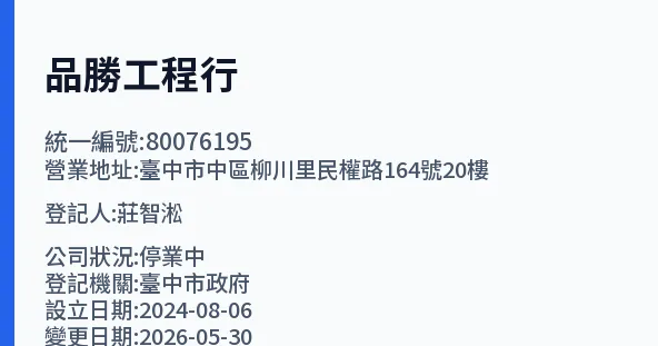 品勝工程行的照片-統編 80076195(臺中市) 公司登記資料與營業項目詳細圖表