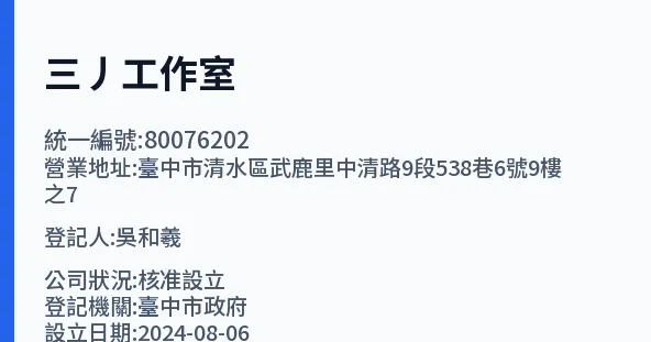 三丿工作室的照片-統編 80076202(臺中市) 公司登記資料與營業項目詳細圖表