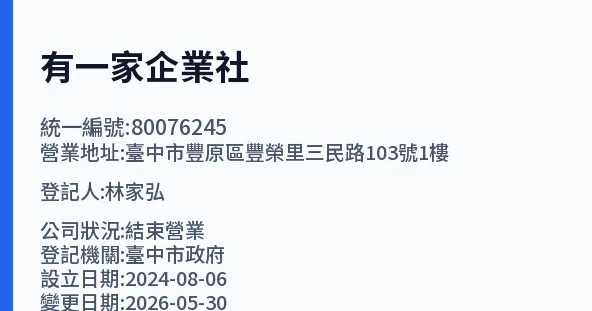 有一家企業社的照片-統編 80076245(臺中市) 公司登記資料與營業項目詳細圖表