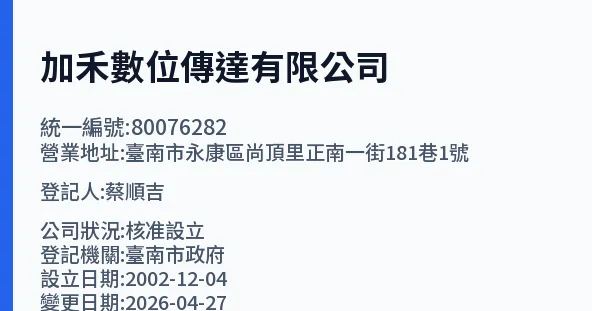 加禾數位傳達有限公司的照片-統編 80076282(臺南市) 公司登記資料與營業項目詳細圖表