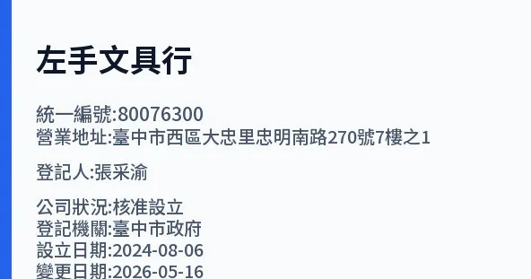 左手文具行的照片-統編 80076300(臺中市) 公司登記資料與營業項目詳細圖表
