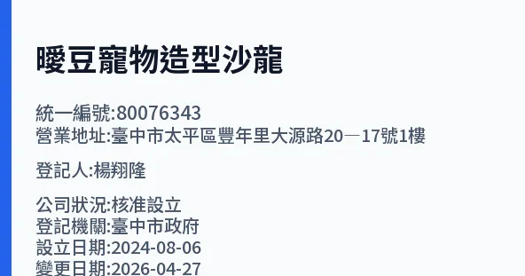 曖豆寵物造型沙龍的照片-統編 80076343(臺中市) 公司登記資料與營業項目詳細圖表