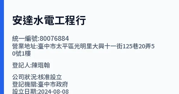 安達水電工程行的照片-統編 80076884(臺中市) 公司登記資料與營業項目詳細圖表