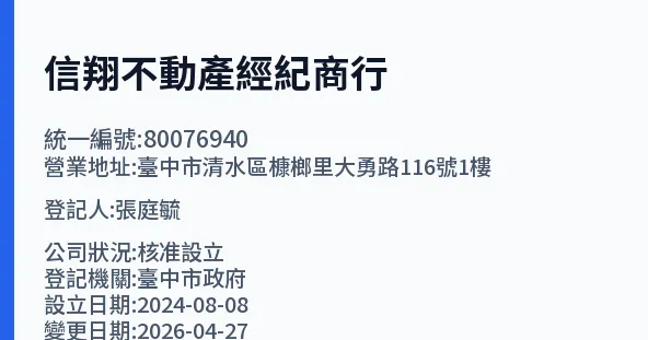 信翔不動產經紀商行的照片-統編 80076940(臺中市) 公司登記資料與營業項目詳細圖表