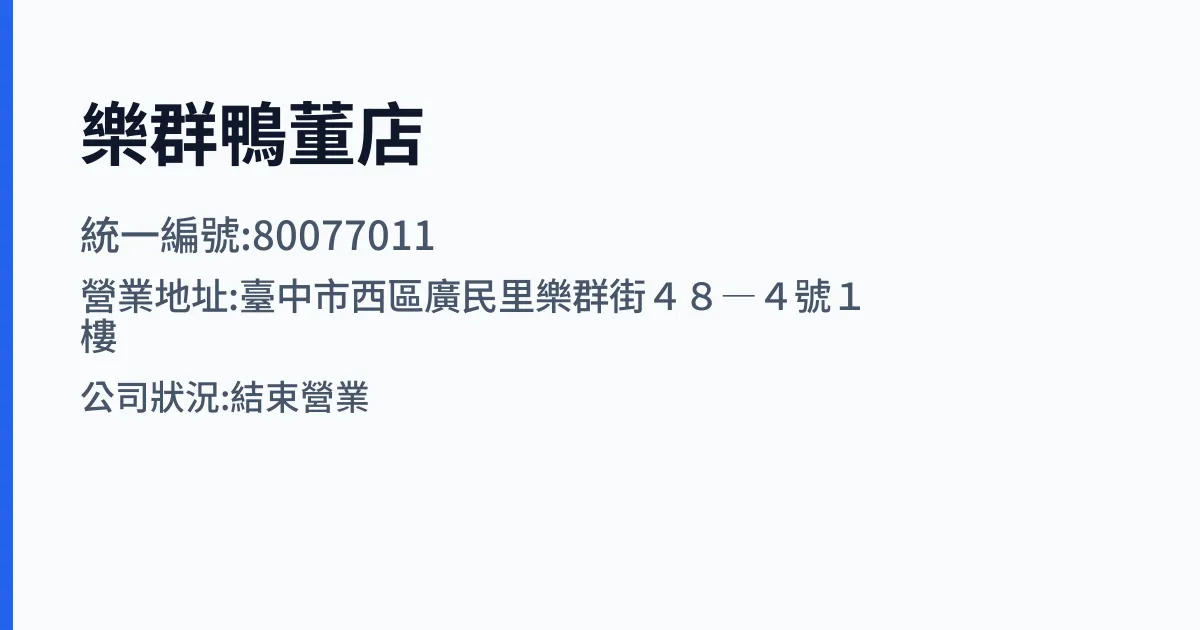 樂群鴨董店 - 統編 80077011(臺中市) 公司登記資料與營業項目詳細圖表