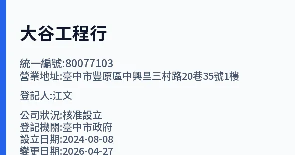 大谷工程行的照片-統編 80077103(臺中市) 公司登記資料與營業項目詳細圖表