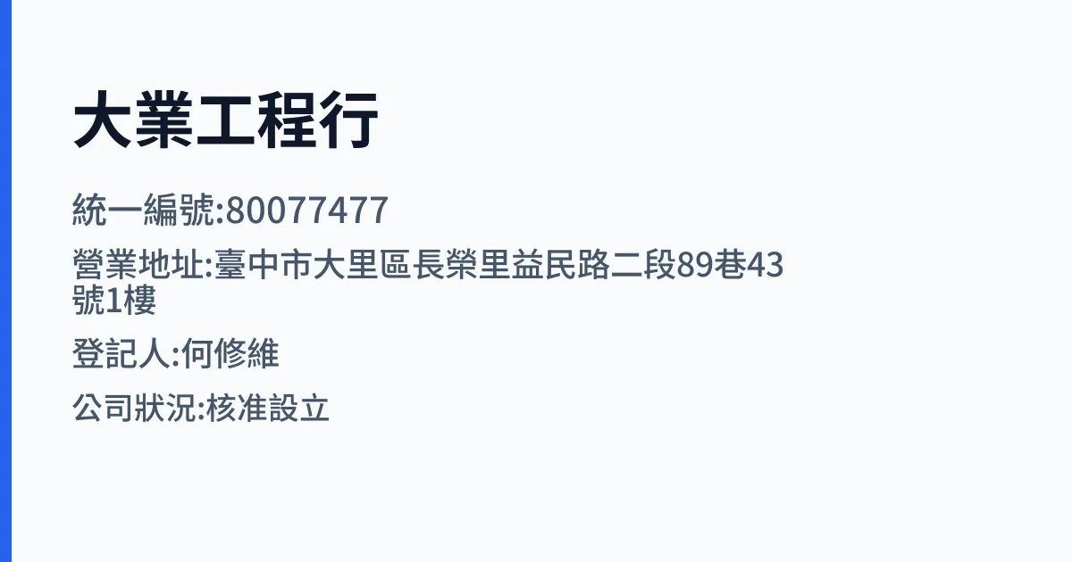 大業工程行 - 統編 80077477(臺中市) 公司登記資料與營業項目詳細圖表