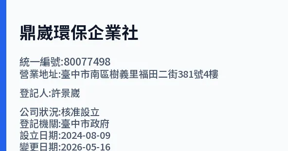 鼎崴環保企業社的照片-統編 80077498(臺中市) 公司登記資料與營業項目詳細圖表
