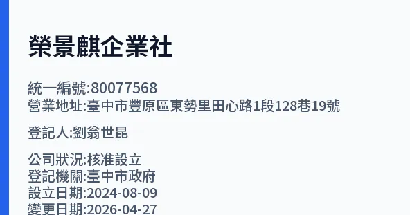 榮景麒企業社的照片-統編 80077568(臺中市) 公司登記資料與營業項目詳細圖表