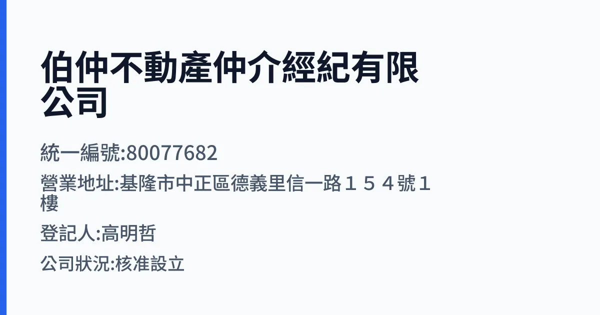 伯仲不動產仲介經紀有限公司 - 統編 80077682(基隆市) 公司登記資料與營業項目詳細圖表