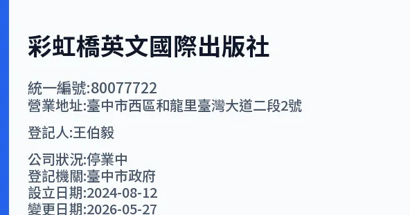 彩虹橋英文國際出版社的照片-統編 80077722(臺中市) 公司登記資料與營業項目詳細圖表
