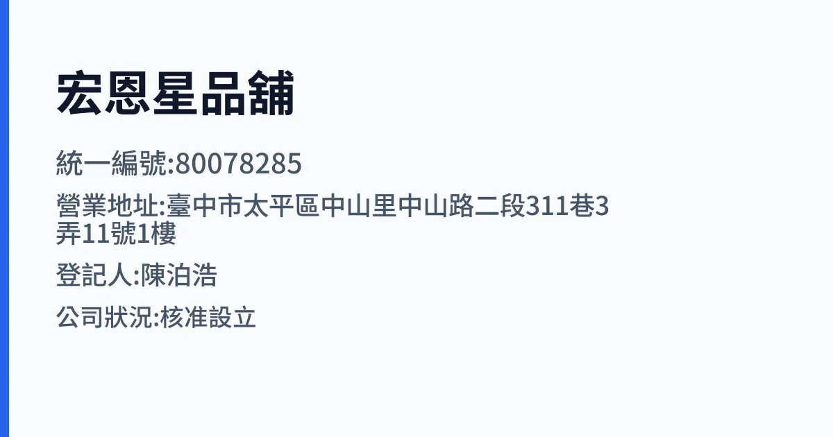 宏恩星品舖 - 統編 80078285(臺中市) 公司登記資料與營業項目詳細圖表