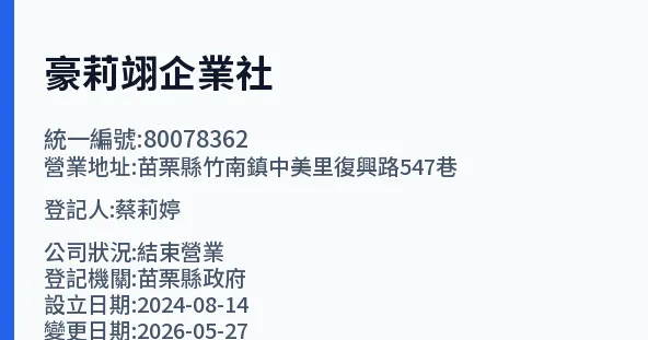 豪莉翊企業社的照片-統編 80078362(苗栗縣) 公司登記資料與營業項目詳細圖表