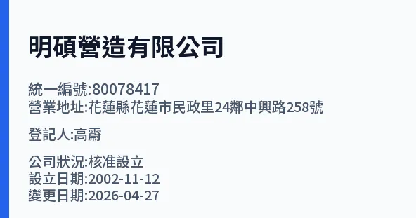 明碩營造有限公司的照片-統編 80078417(花蓮縣) 公司登記資料與營業項目詳細圖表