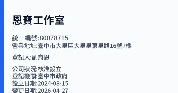 恩寶工作室的照片-統編 80078715(臺中市) 公司登記資料與營業項目詳細圖表