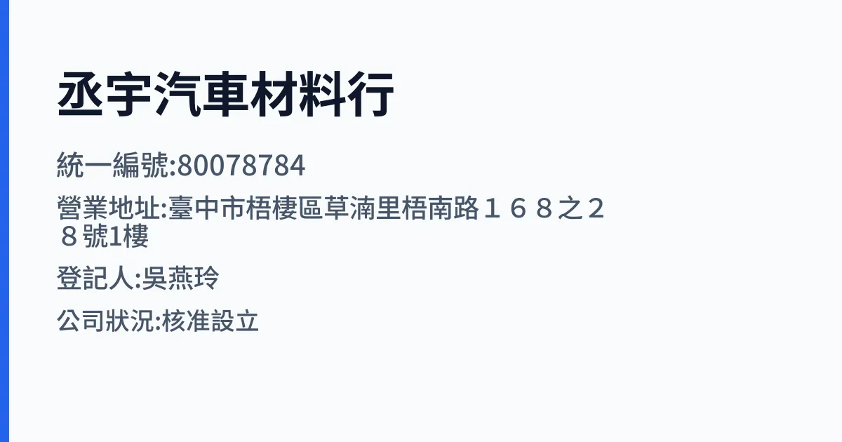 丞宇汽車材料行 - 統編 80078784（臺中市） 公司登記資料與營業項目詳細圖表