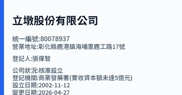 立墩股份有限公司的照片-統編 80078937(彰化縣) 公司登記資料與營業項目詳細圖表