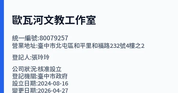 歐瓦河文教工作室的照片-統編 80079257(臺中市) 公司登記資料與營業項目詳細圖表