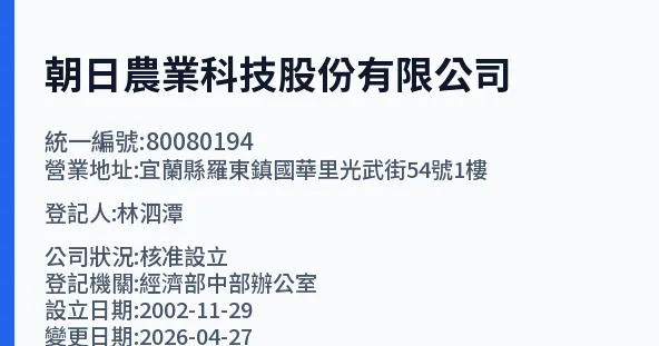 朝日農業科技股份有限公司的照片-統編 80080194(宜蘭縣) 公司登記資料與營業項目詳細圖表