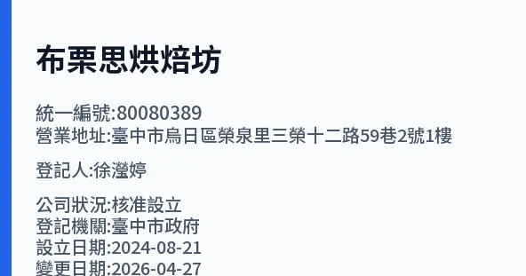 布栗思烘焙坊的照片-統編 80080389(臺中市) 公司登記資料與營業項目詳細圖表